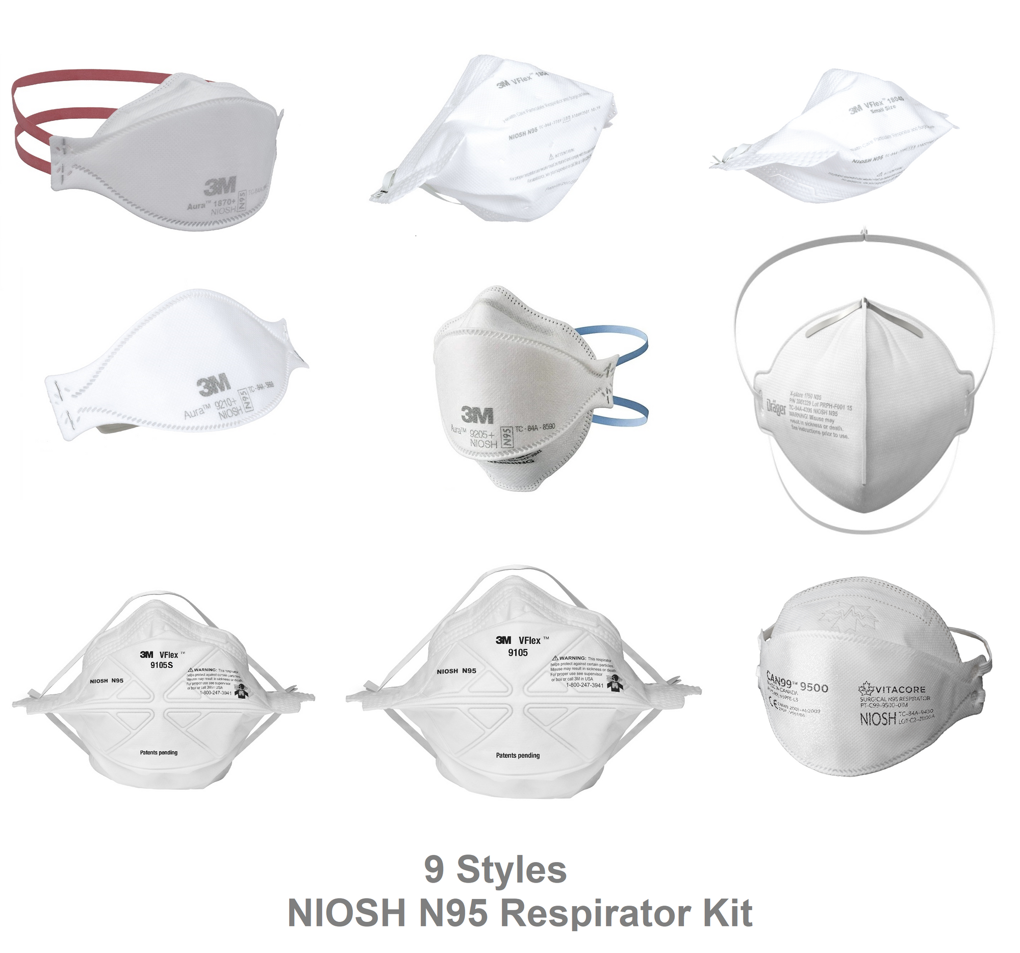 NIOSH N95 Respirator Sample Kit 9pcs 3M Aura, VFlex, Draeger, Vitacore