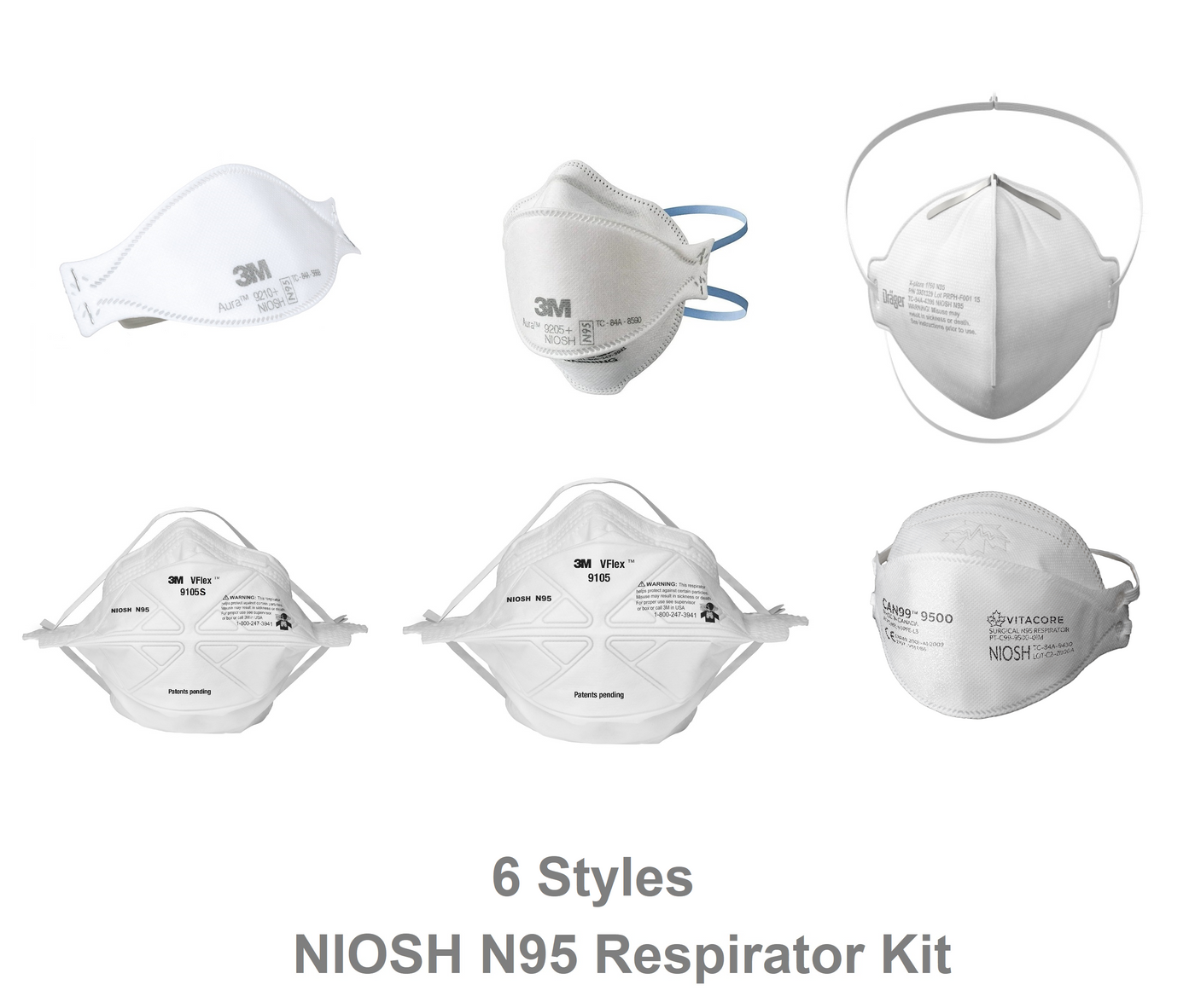 NIOSH N95 Respirator Sample Kit - 3M Aura, Vflex, Dräger